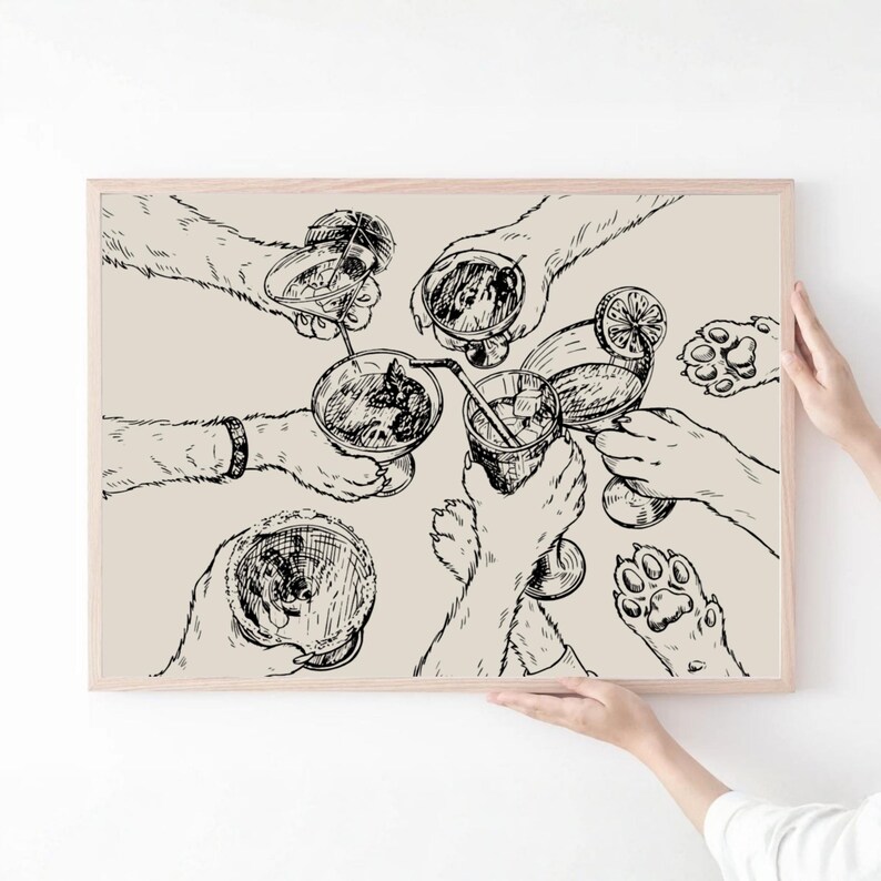 Cheers Paws Wall Art | Minimalist Bar Cart Decor | Animal & Human Hands ...