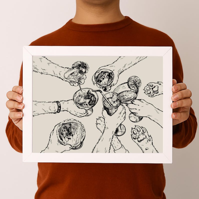 Cheers Paws Wall Art | Minimalist Bar Cart Decor | Animal & Human Hands ...