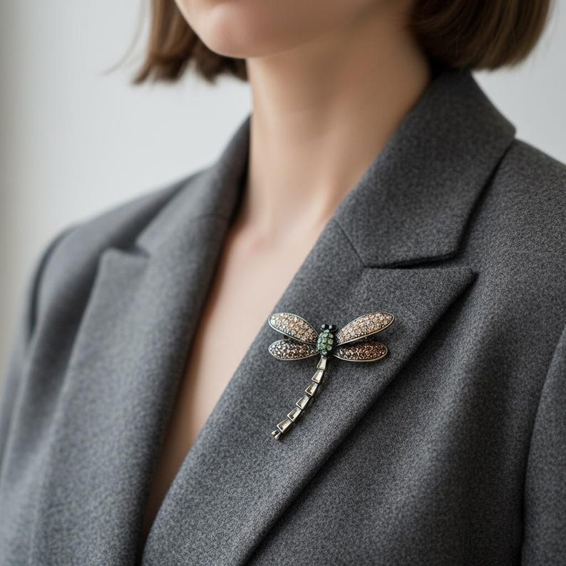 Art Nouveau Dragonfly Brooch: Crystal Insect Pin, Antique Bronze ...