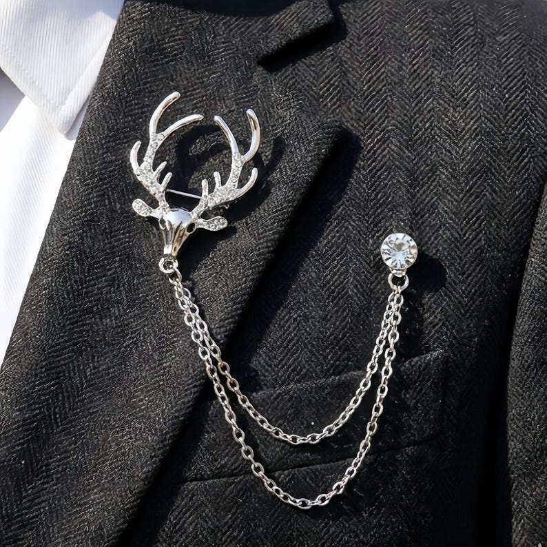 Crystal Antler Deer Head Chain Brooch - Dual-tone Lapel Pin for Formal ...