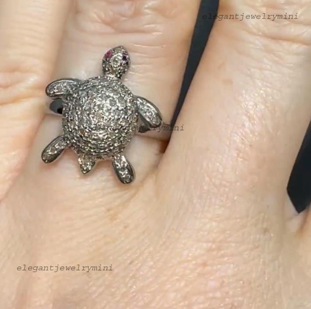Beautiful Diamond Turtle Ring, Handcrafted 925 Sterling Silver Rhodium ...