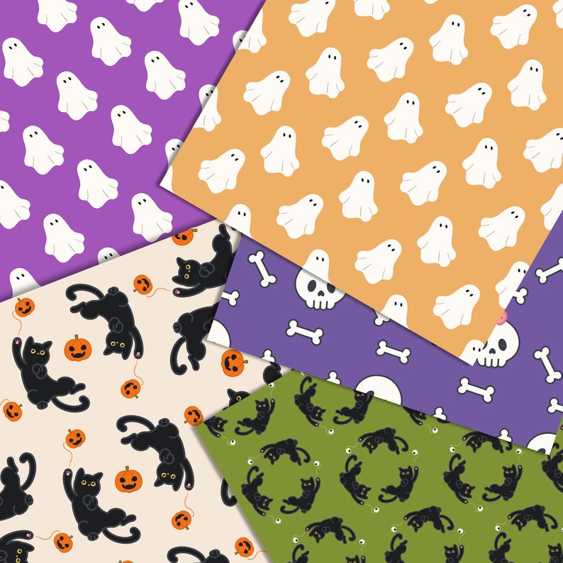 10 Cute Halloween Digital Papers | Ghost Cat Witch Seamless Pattern ...