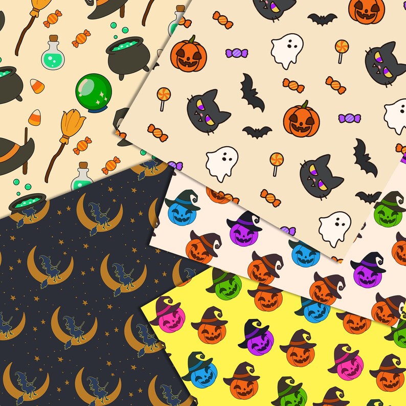 10 Cute Halloween Digital Papers | Ghost Cat Witch Seamless Pattern ...