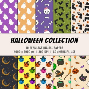 10 Cute Halloween Digital Papers | Ghost Cat Witch Seamless Pattern ...