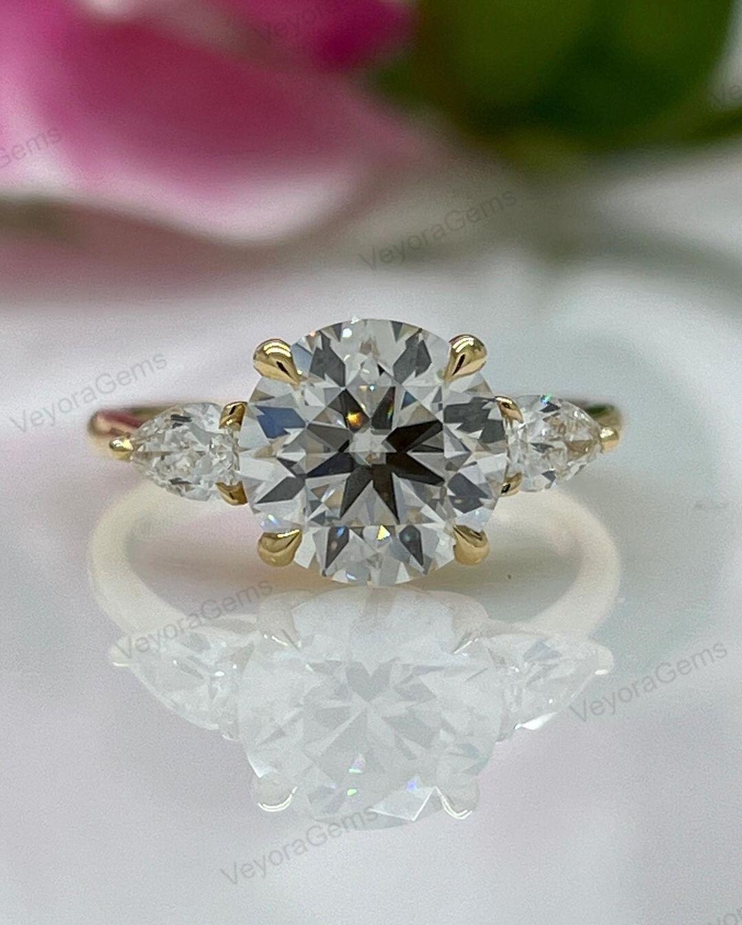 Round & Pear Moissanite Three Stone Ring, 14k Gold Engagement Ring ...