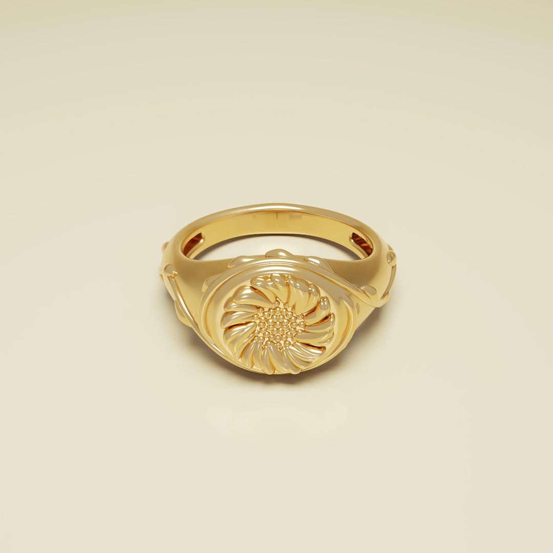 Handmade Sunflower 14K Gold Plated Signet Ring: Handmade Flower Jewelry ...