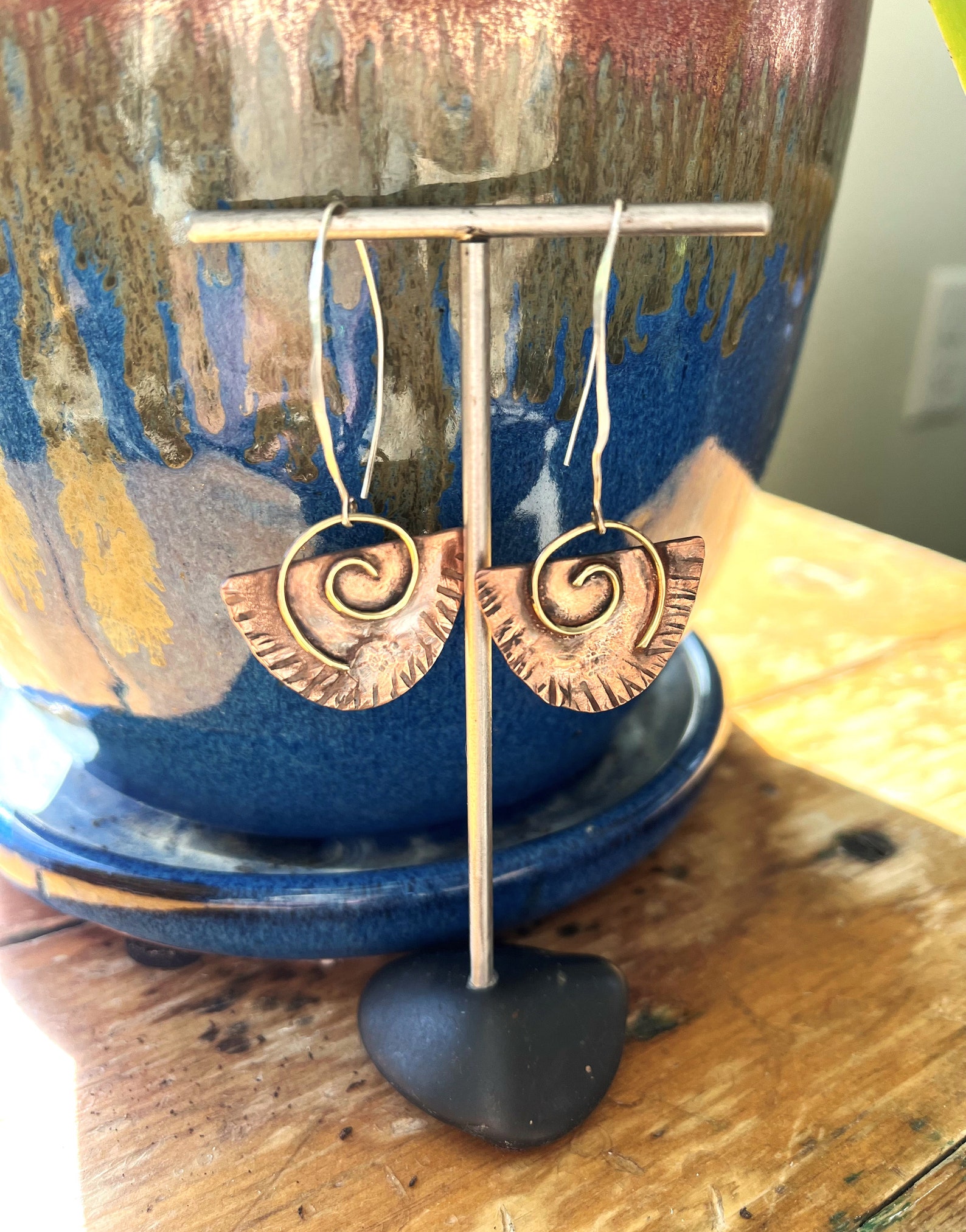 Hammered Rustic Copper Earrings, Bohemian Statement Earrings, Mixed ...