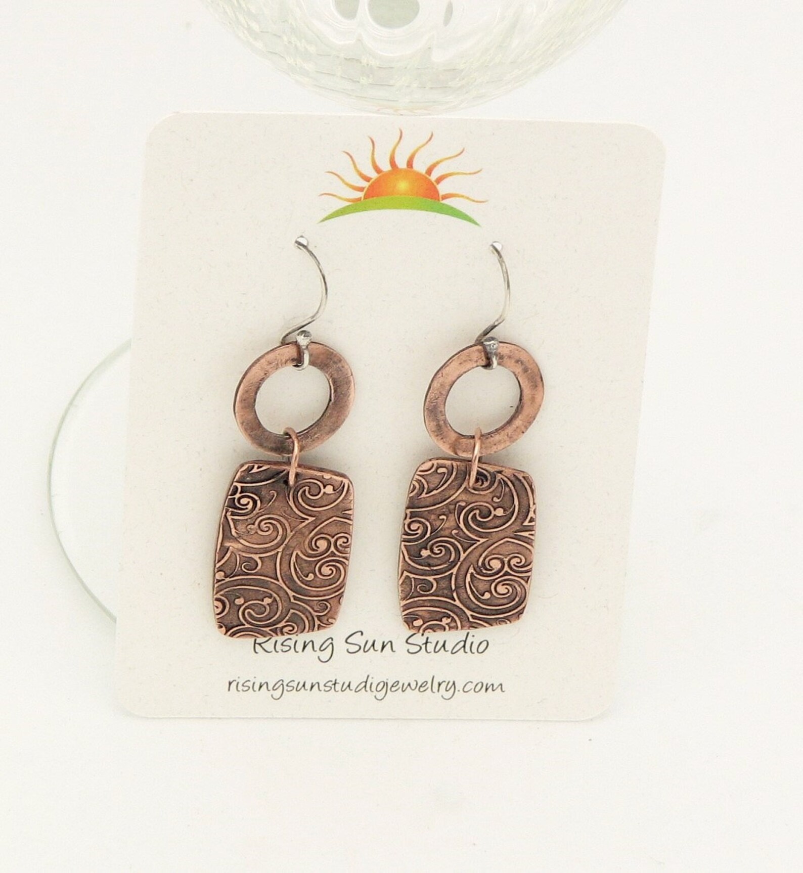 Copper Earrings Circle Long Dagle Earrings Scroll Motiff Rustic Copper ...