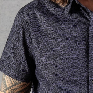 Geometric Mens Button up Shirt in Black Cube All Over Print Short ...
