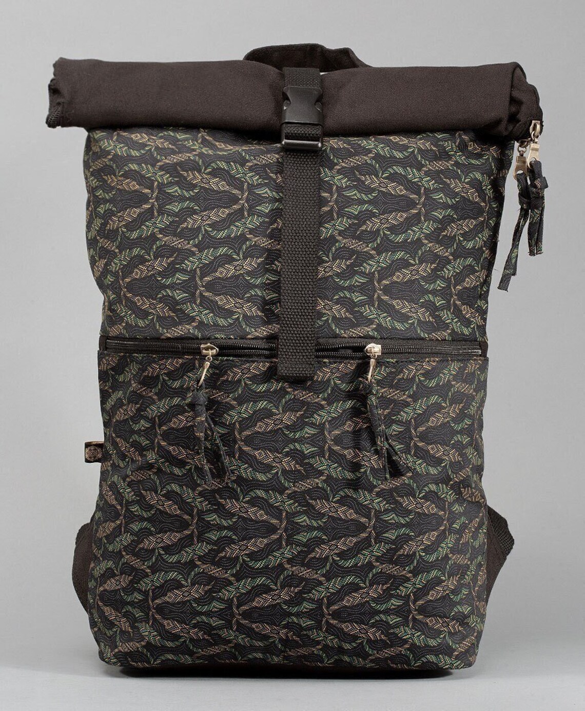 Black Canvas Roll Top Backpack- Travel Bag- Hiking Backpack- School ...