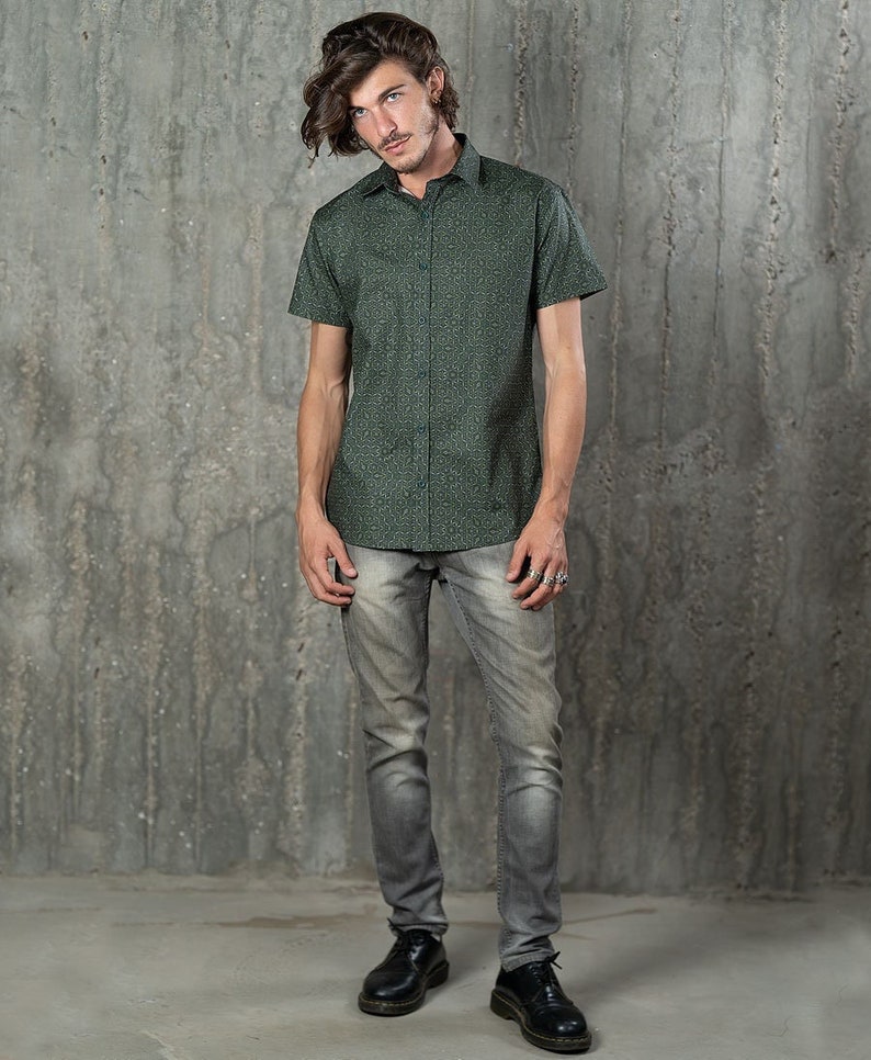 Mens Fashion Button up Shirt All Over Print Seed of Life Pattern Short ...