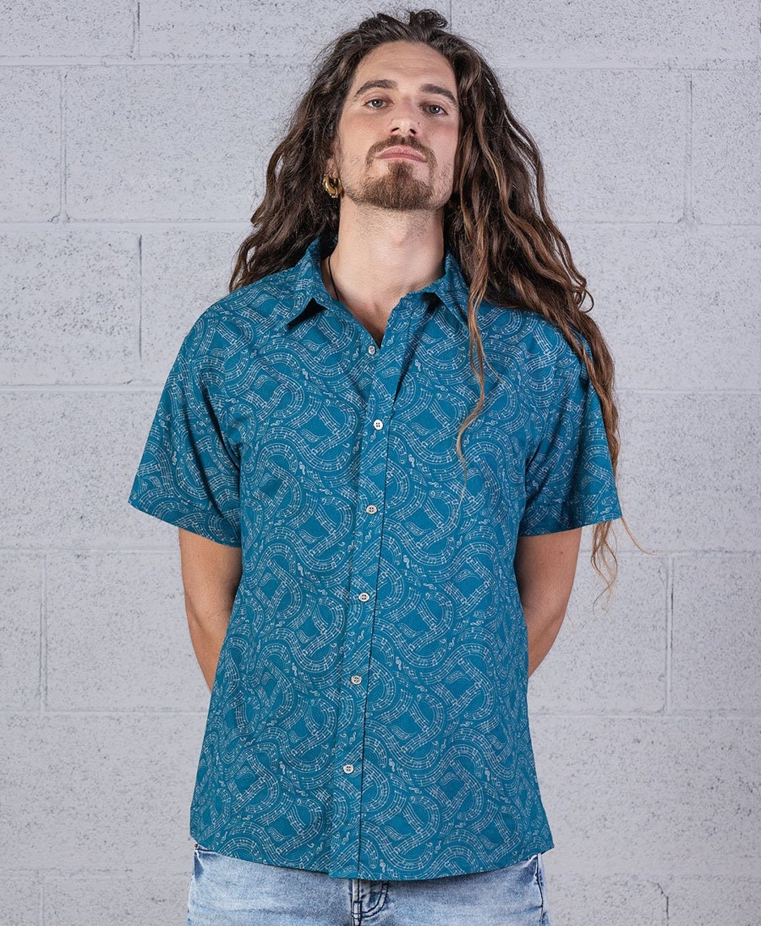 Turquoise Button up Shirt Musical Notes All Over Print Short Sleeved ...