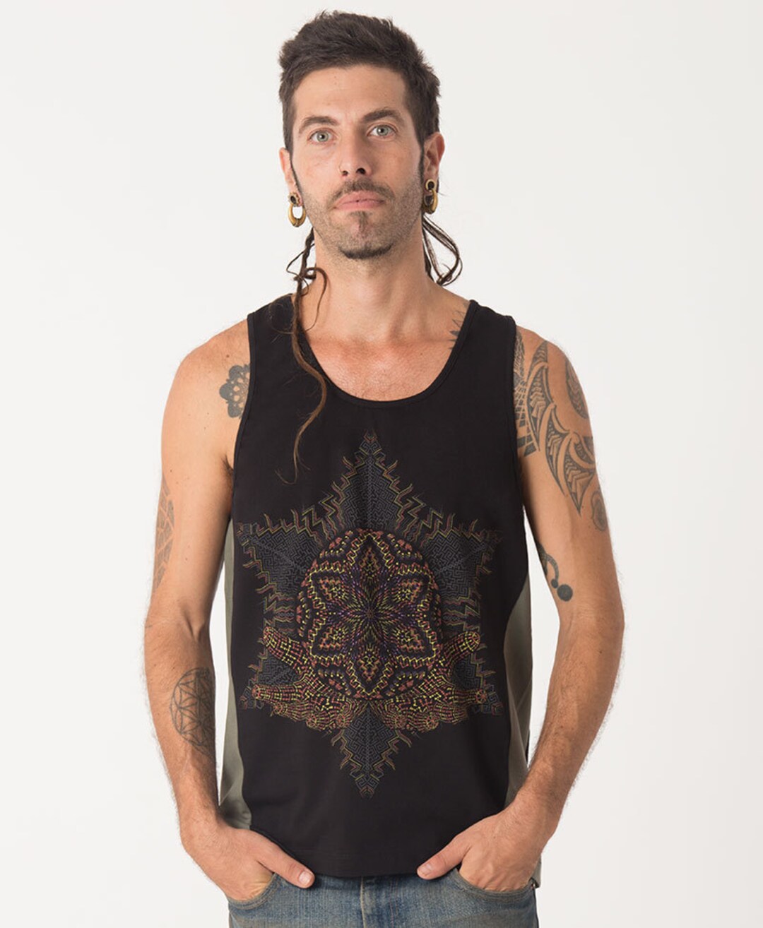 Sacred Geometry Men Tank in Olive Silk Screen Print - Etsy