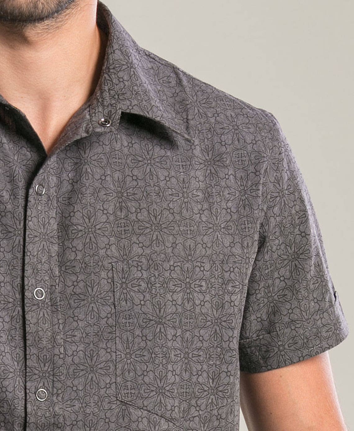 Mens Short Sleeve Button Up Shirt In Dark Grey Arabesque Full | Etsy