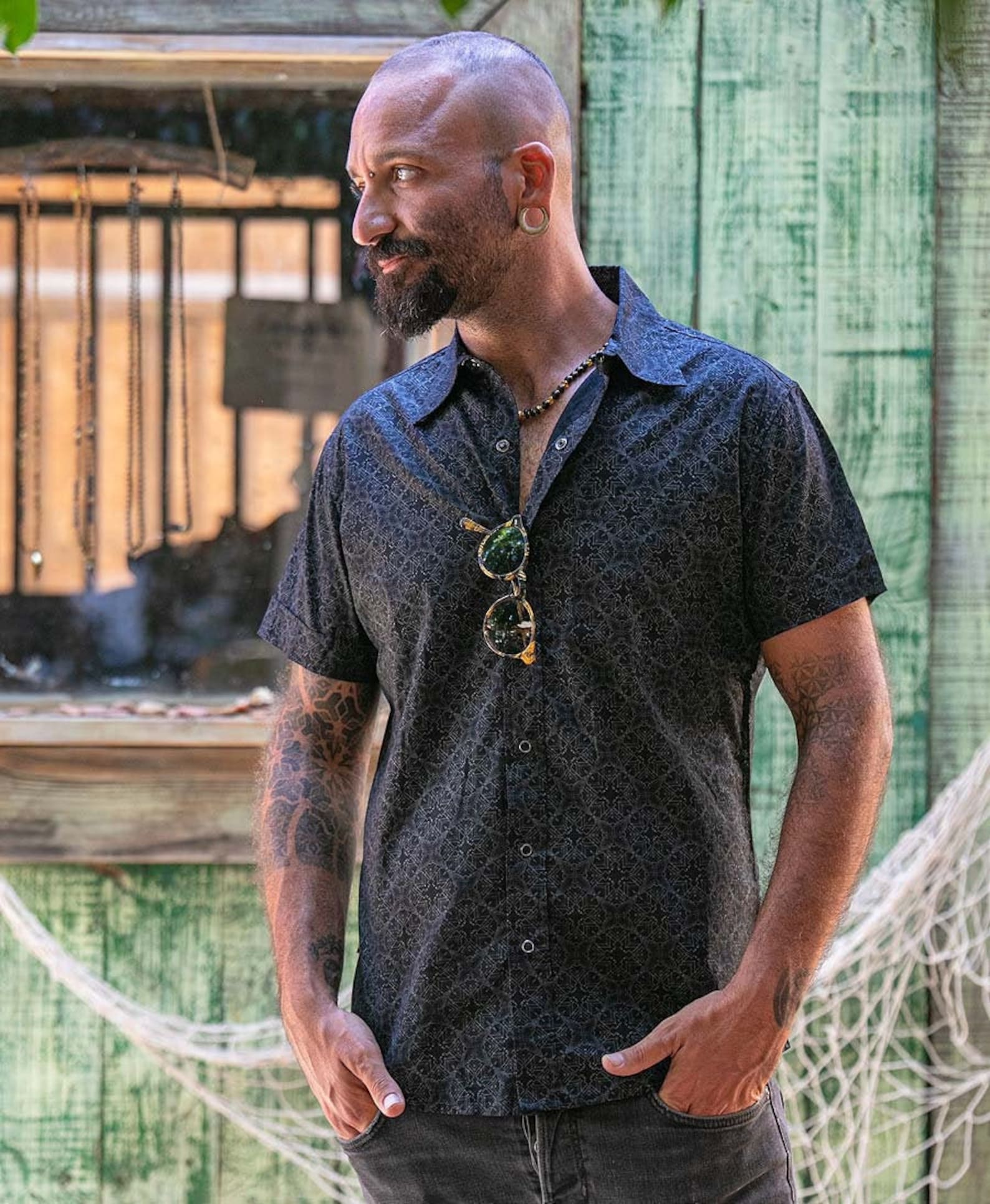 Black Cotton Button up Shirt for Men Short Sleeved Button Down Shirt ...