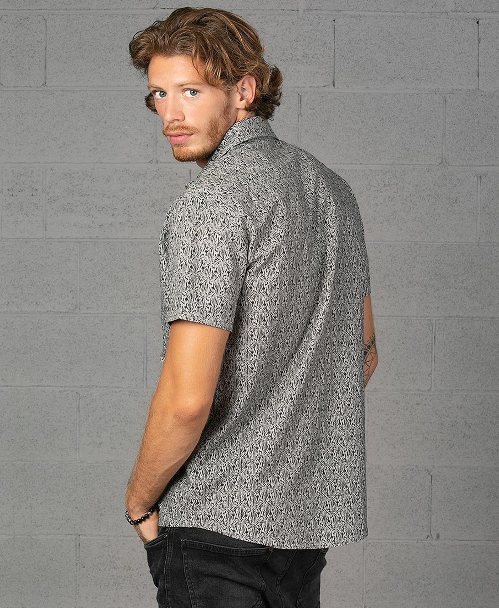 Men Button up Shirt Psychedelic Short Sleeve Button Down Grey Shirt ...