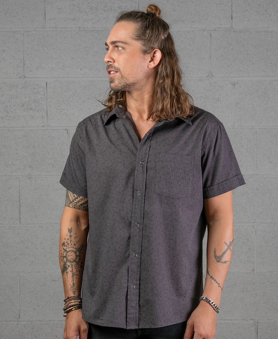 Unique Button up Shirt for Men Grey Button Down Short Sleeve Printed ...