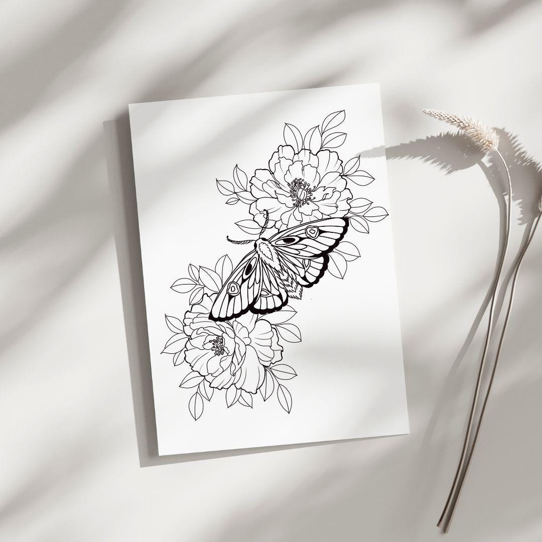 Moth and Wild Roses - Fine Line Design, Tattoo Stencil, JPG, PNG, SVG ...
