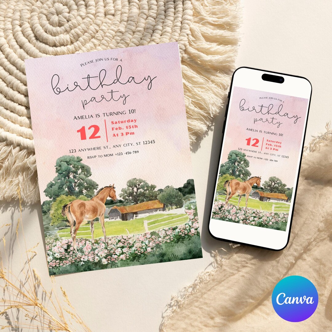Editable Horse Birthday Invitation • Rustic Farm Theme • Brown Pony ...