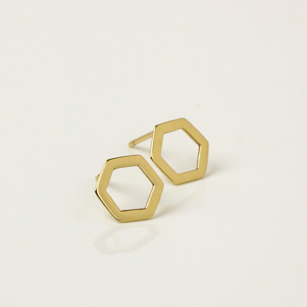 Gold Hexagon Earrings, 14k Stud Earrings, Gold Geometric Earrings ...