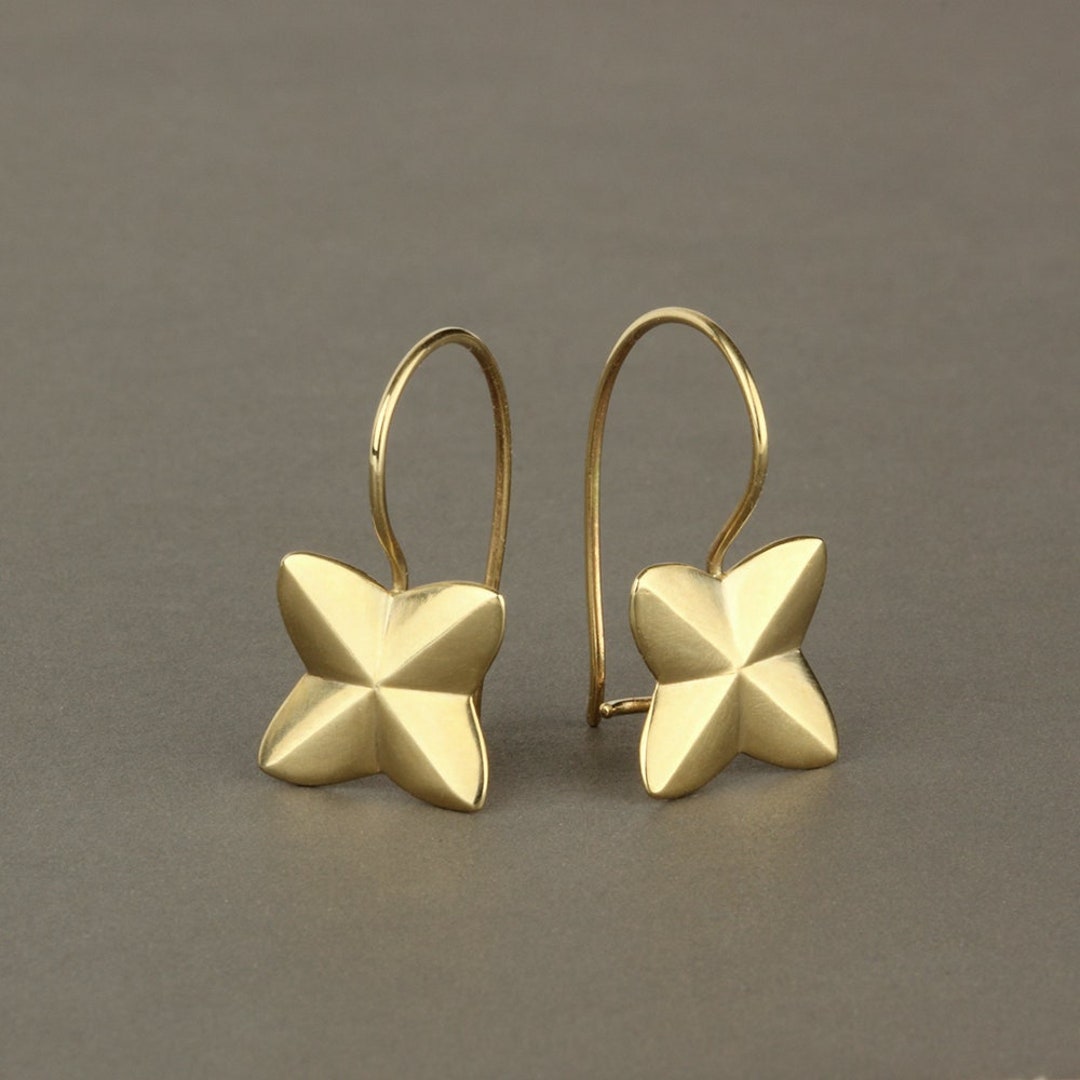 14k Solid Gold Drop Earrings, Modern Matte Earrings, Geometric Gold X ...