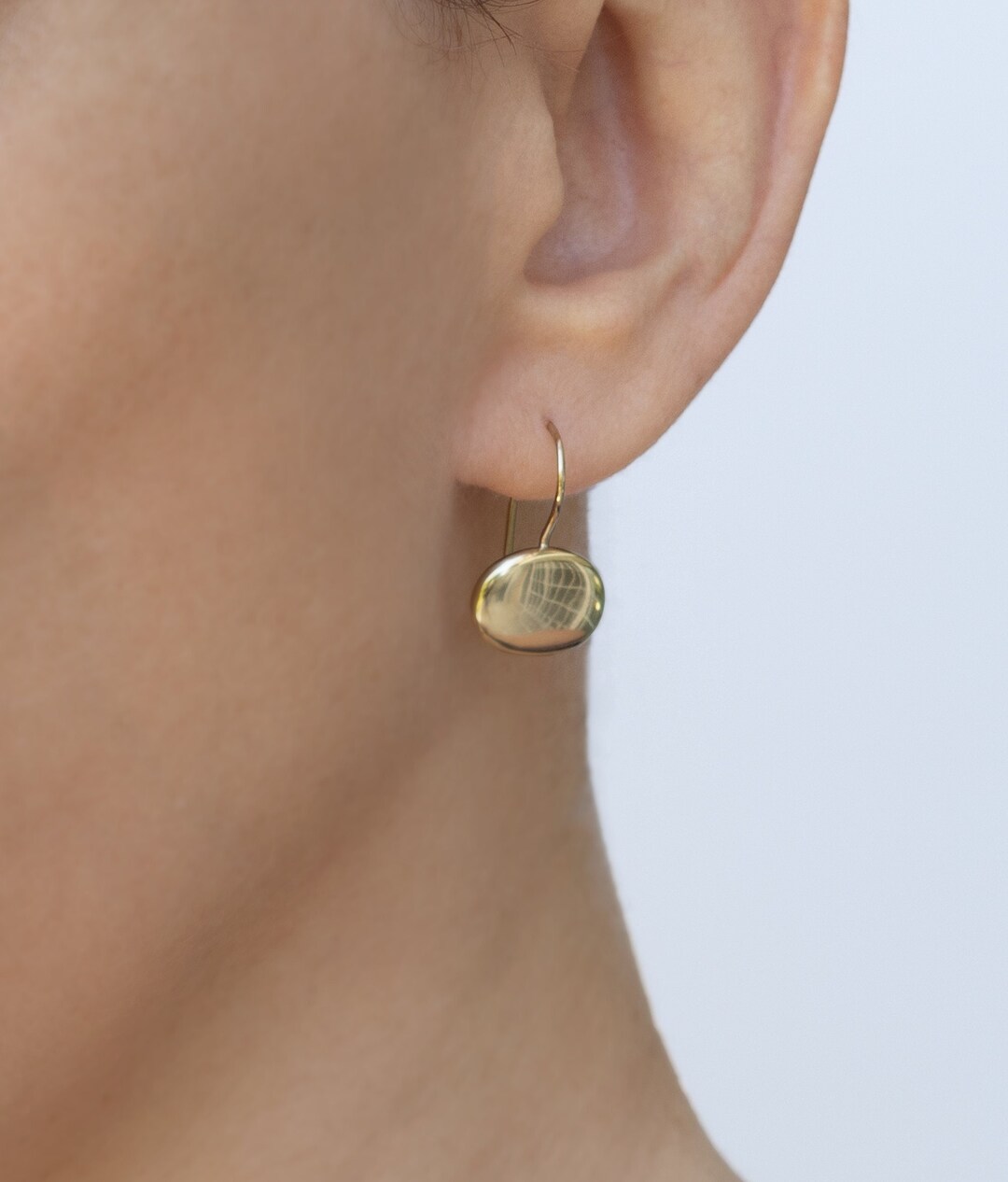 Yellow Gold Earrings, 14k Solid Gold Drop Earrings, Shiny Oval Earrings ...