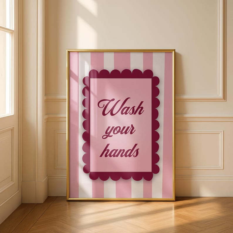 Wash Your Hands Pink Striped Print Coquette Bathroom Wall Art Candy ...