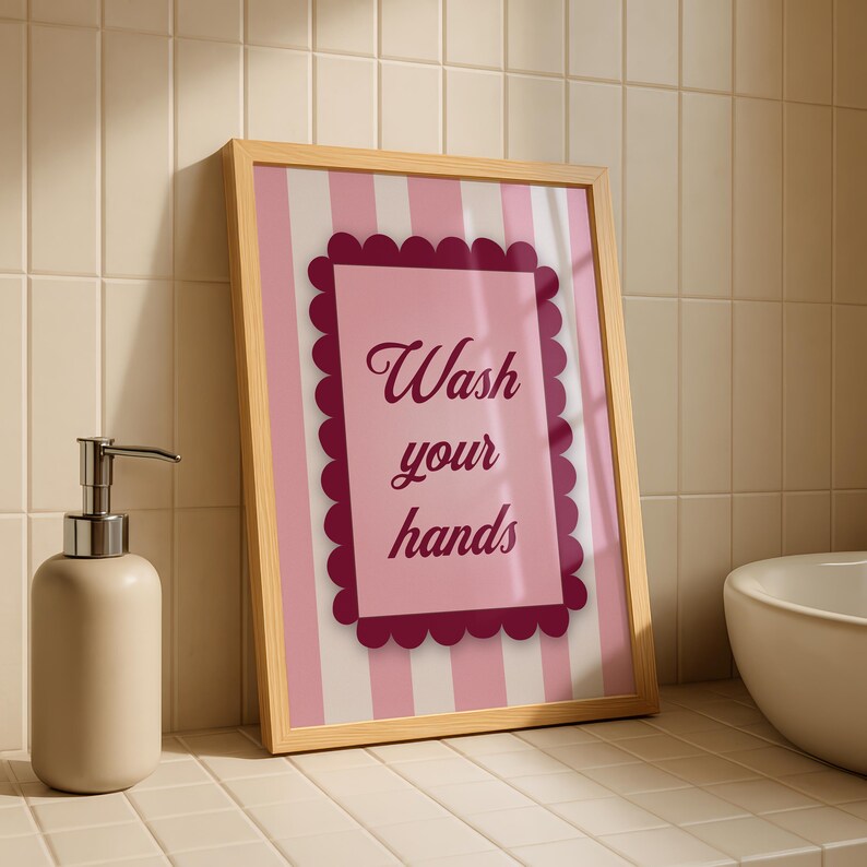 Wash Your Hands Pink Striped Print Coquette Bathroom Wall Art Candy ...