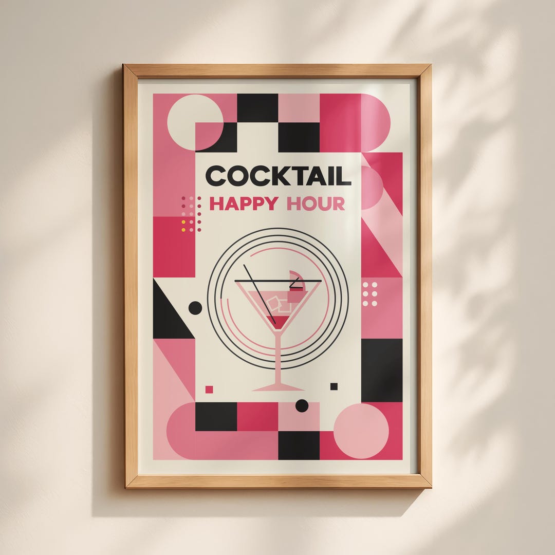 Cocktail Happy Hour Poster Mid Century Modern Wall Art Bauhaus Print ...