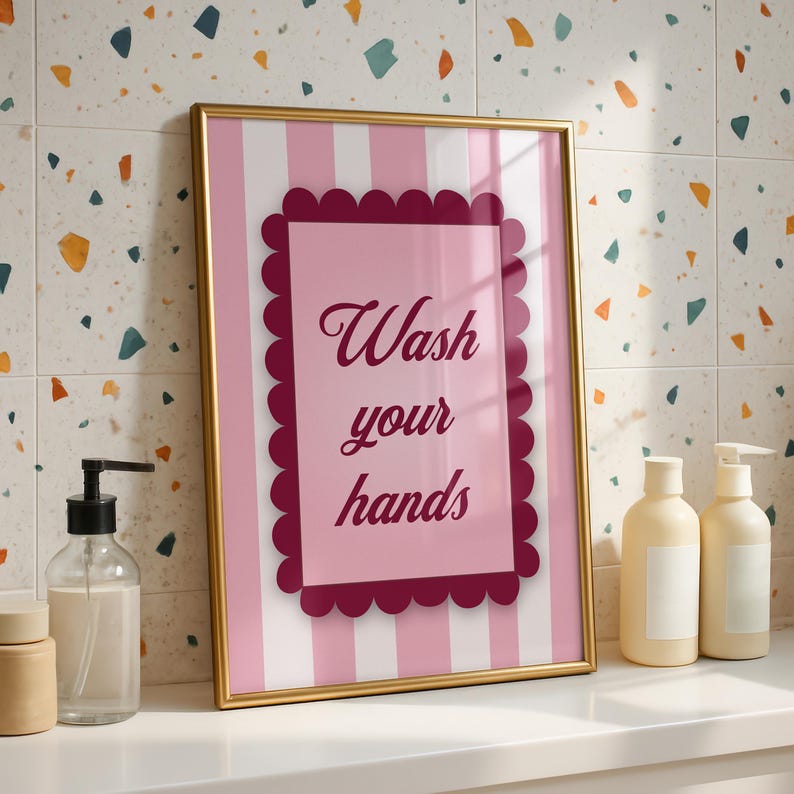 Wash Your Hands Pink Striped Print Coquette Bathroom Wall Art Candy ...