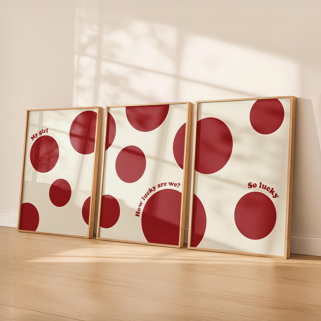 Set of 3 Red Polka Dot Prints My Girl How Lucky so Lucky Wall Art Beige ...