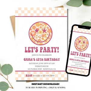 Smiley Face Floral/checkered Birthday Party Invitation, Girl Birthday ...