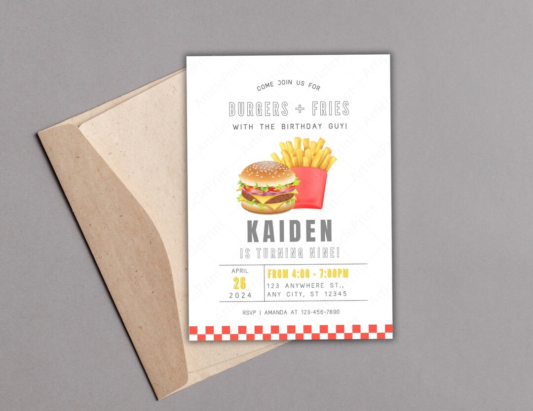 Editable Burgers + Fries Birthday Invitation, Burgers and Fries Party ...