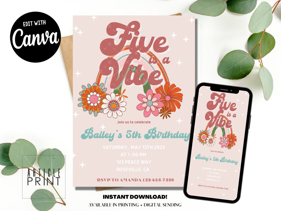 Retro Rainbow Five is a Vibe Invitation 5x7 Template, Text/email ...