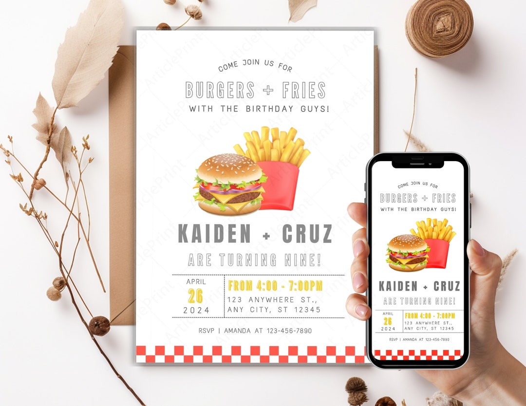 Editable Burgers + Fries Twins Birthday Invitation, Burgers and Fries ...