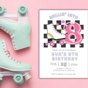Editable Rollin' Into Birthday Invitation, Roller Skate Party, Girl ...