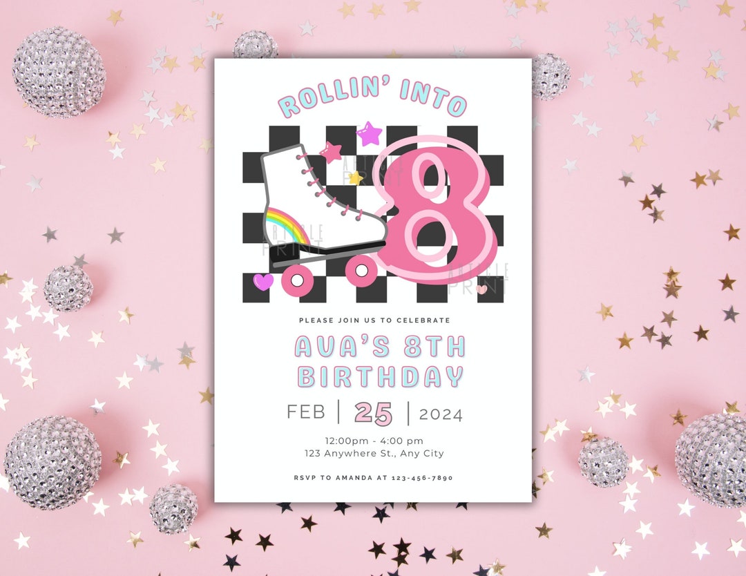 Editable Rollin' Into Birthday Invitation, Roller Skate Party, Girl ...
