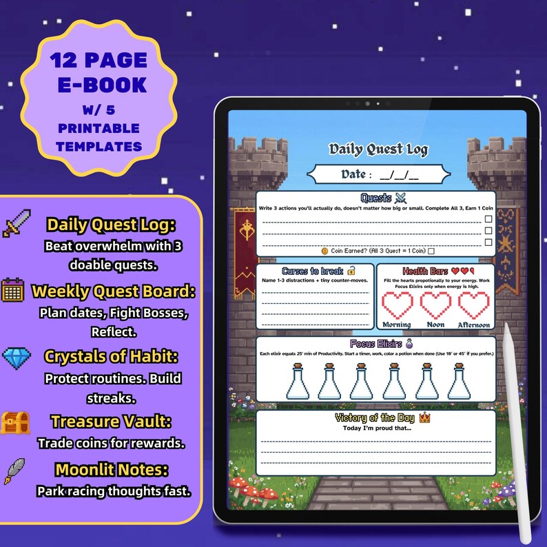 ADHD Planner Printable – 8-bit Fantasy Quest System. PDF – Gamified ...