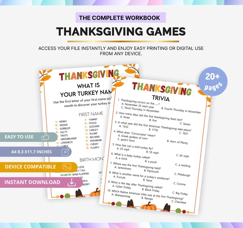 Thanksgiving Games Printable Bundle – Family Trivia, Word Scramble ...