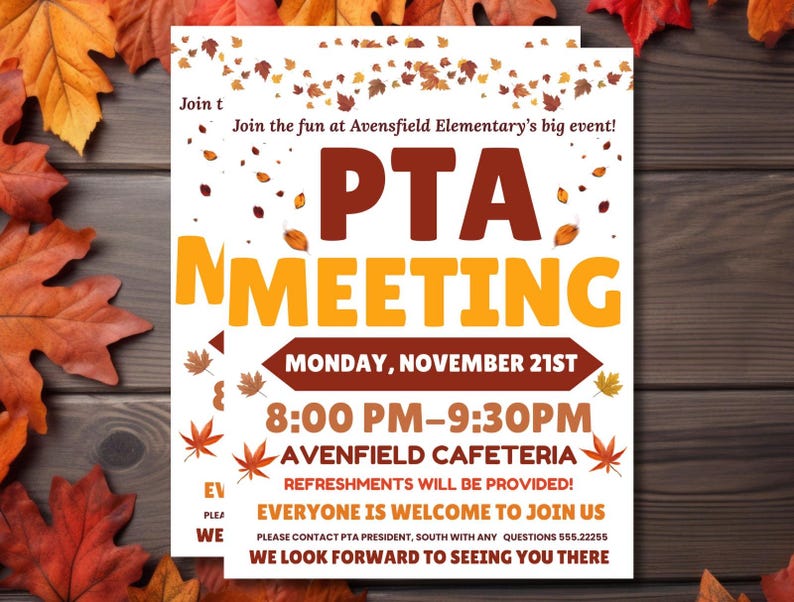 Editable November PTA Meeting Flyer | Thanksgiving School Announcement ...