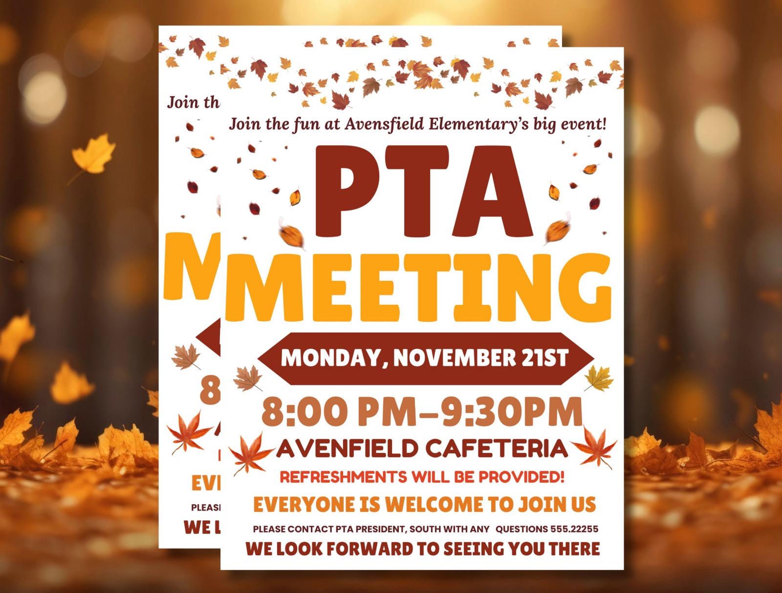 Editable November PTA Meeting Flyer | Thanksgiving School Announcement ...
