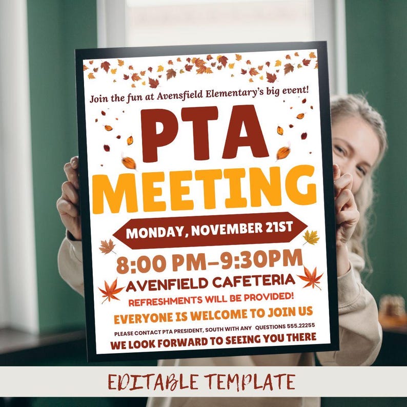 Editable November PTA Meeting Flyer | Thanksgiving School Announcement ...