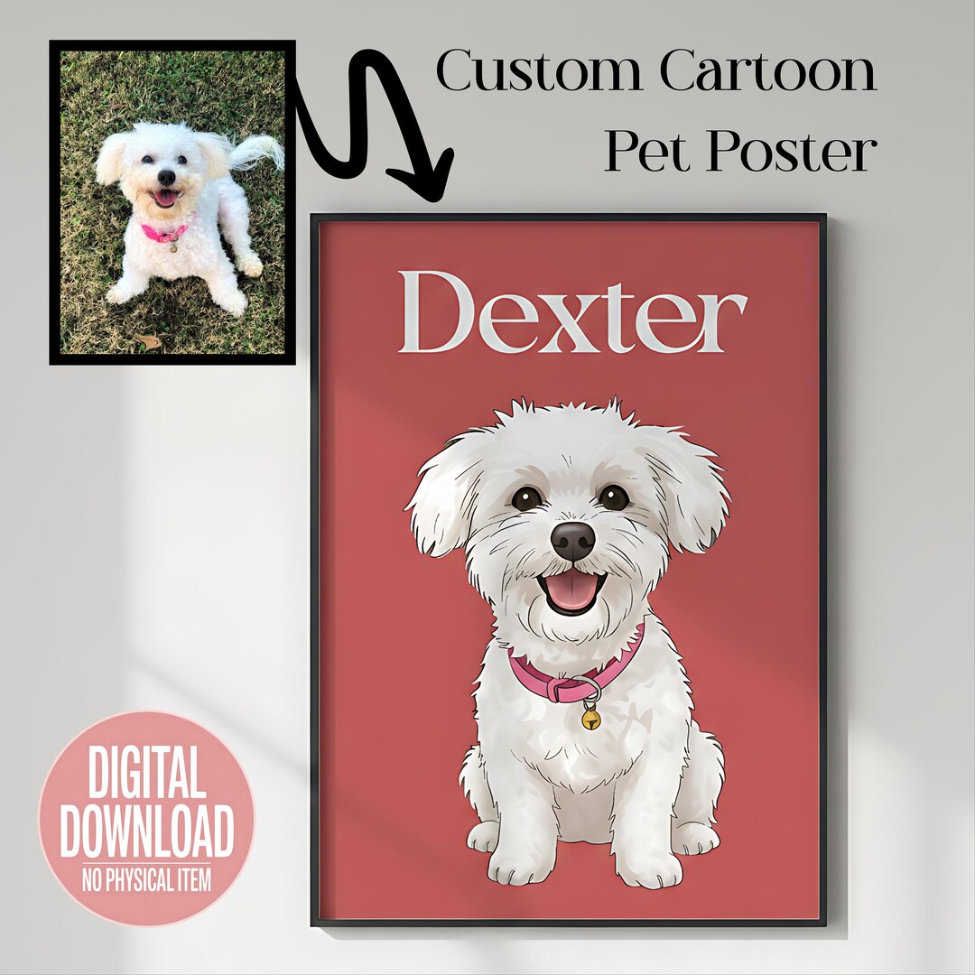 Custom Dog Poster From Photo, Cartoon Style Pet Portrait With Name ...