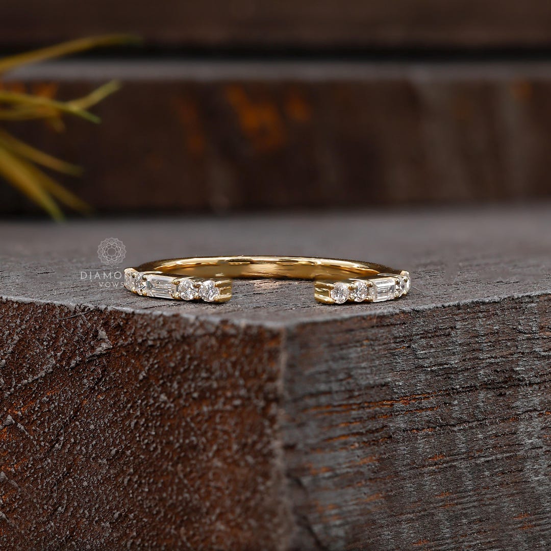 Open Wedding Band Gold Gap Wedding Ring Baguette Moissanite Wedding ...