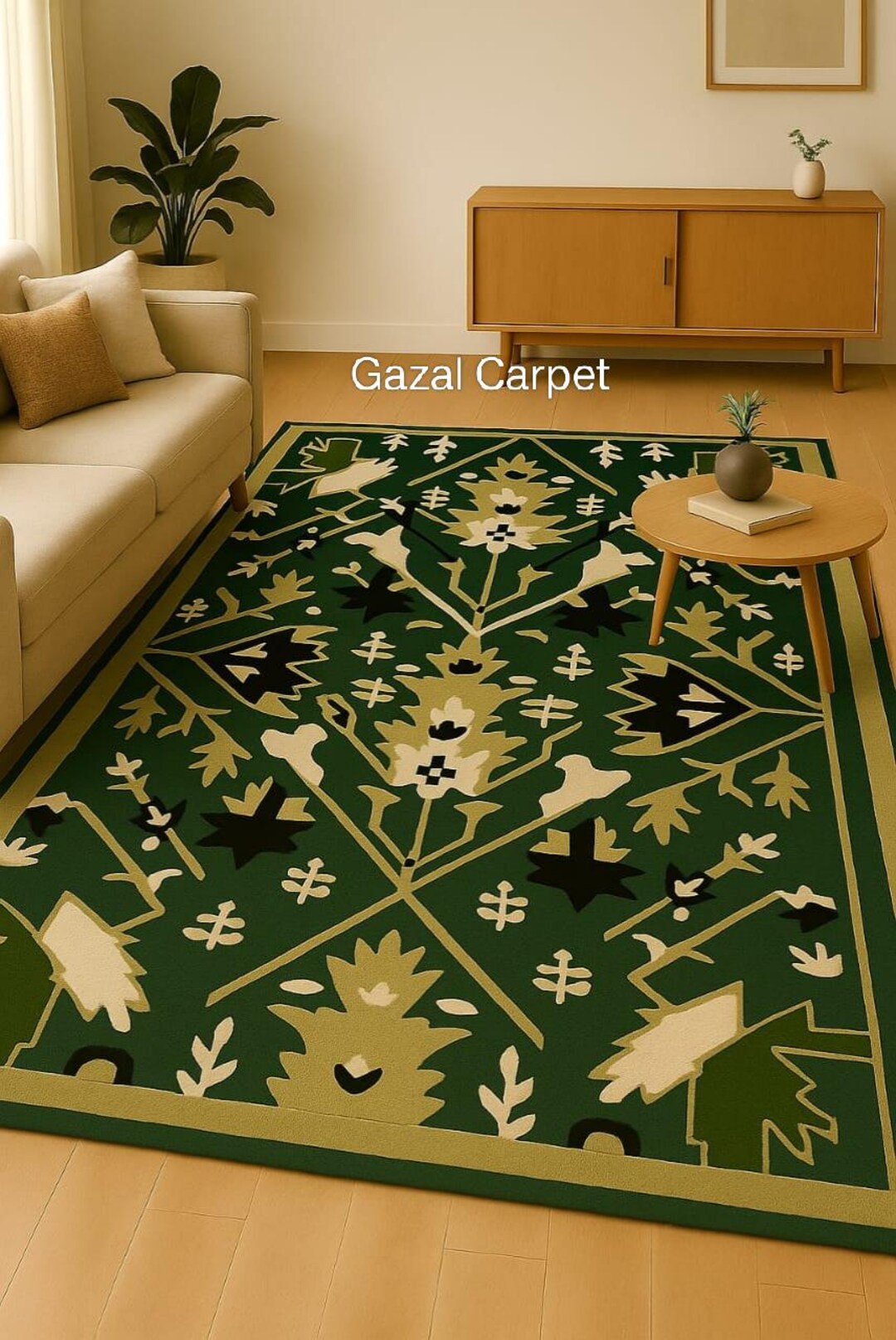 Green Floral Area Rug – Modern Botanical Carpet, Hand-tufted Living ...