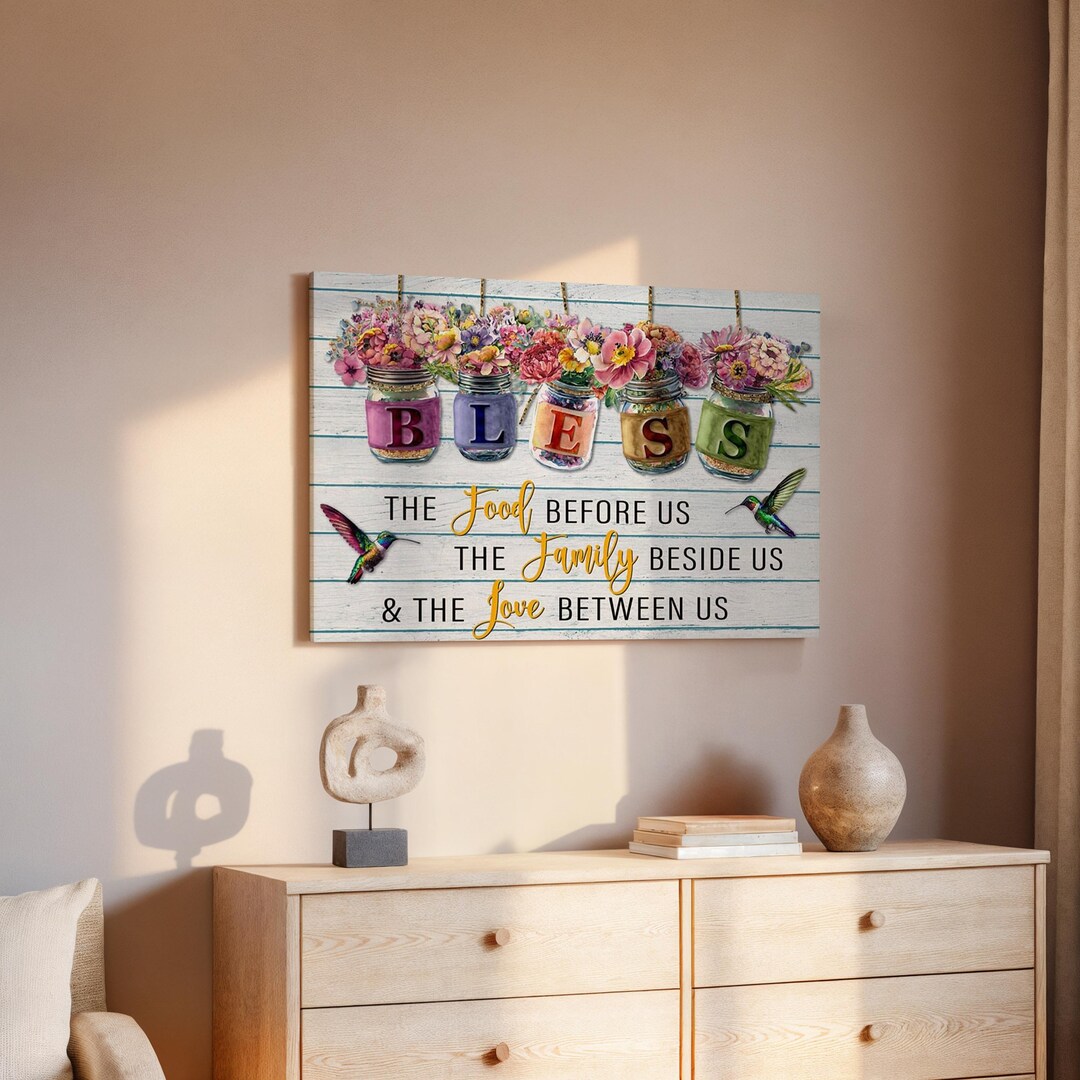 Bless the Food Before Us Wall Art, Floral Mason Jar Kitchen Canvas ...