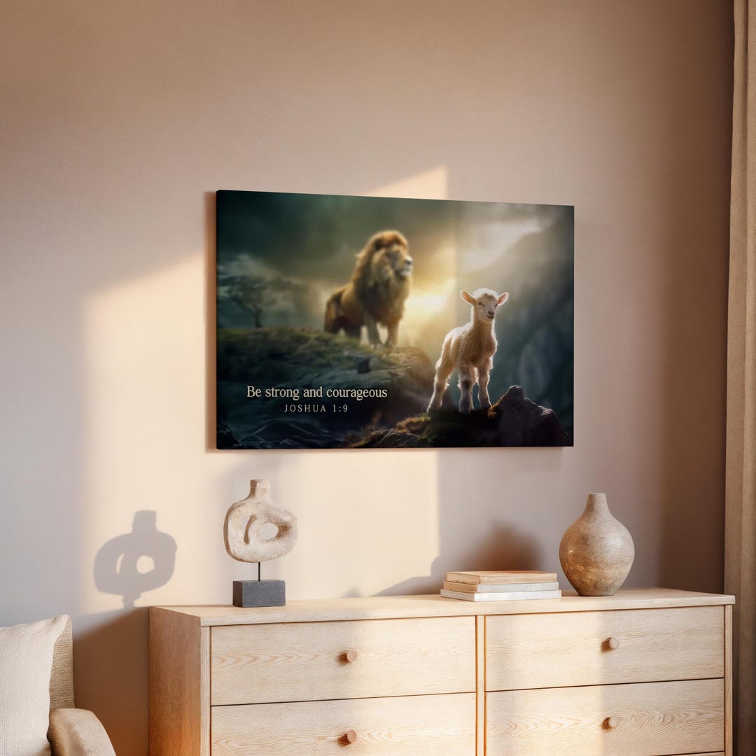 Lion and the Lamb Wall Art | Be Strong and Courageous Joshua 1:9 Canvas ...