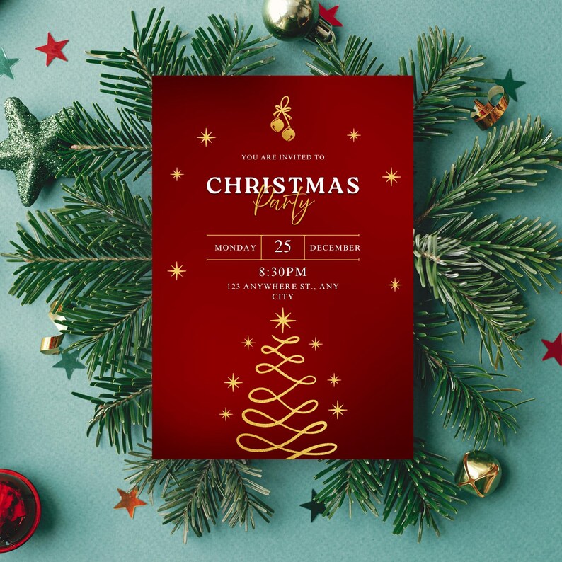 Red & Gold Christmas Party Invitation, Printable Template - Etsy
