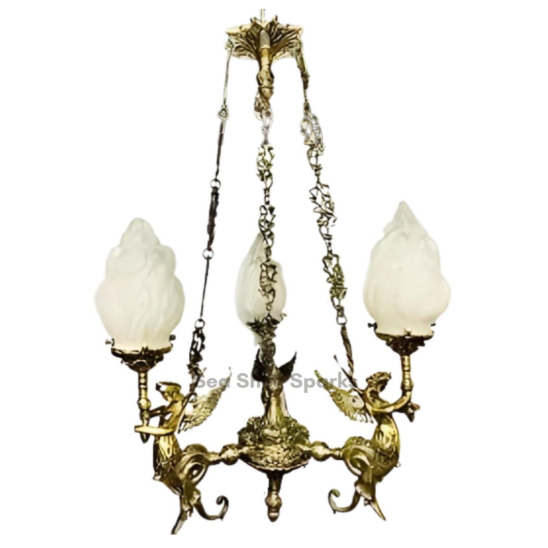 Antique Brass Mermaid Chandelier | Vintage Ceiling Light With Frosted ...