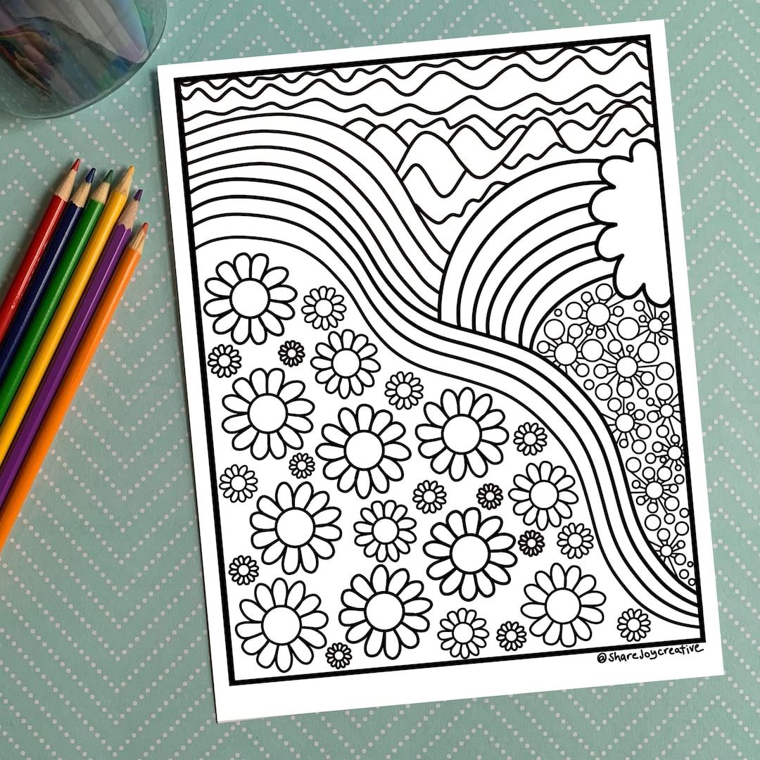 Flowers and Rainbows Coloring Page Printable Coloring Page Downloadable ...